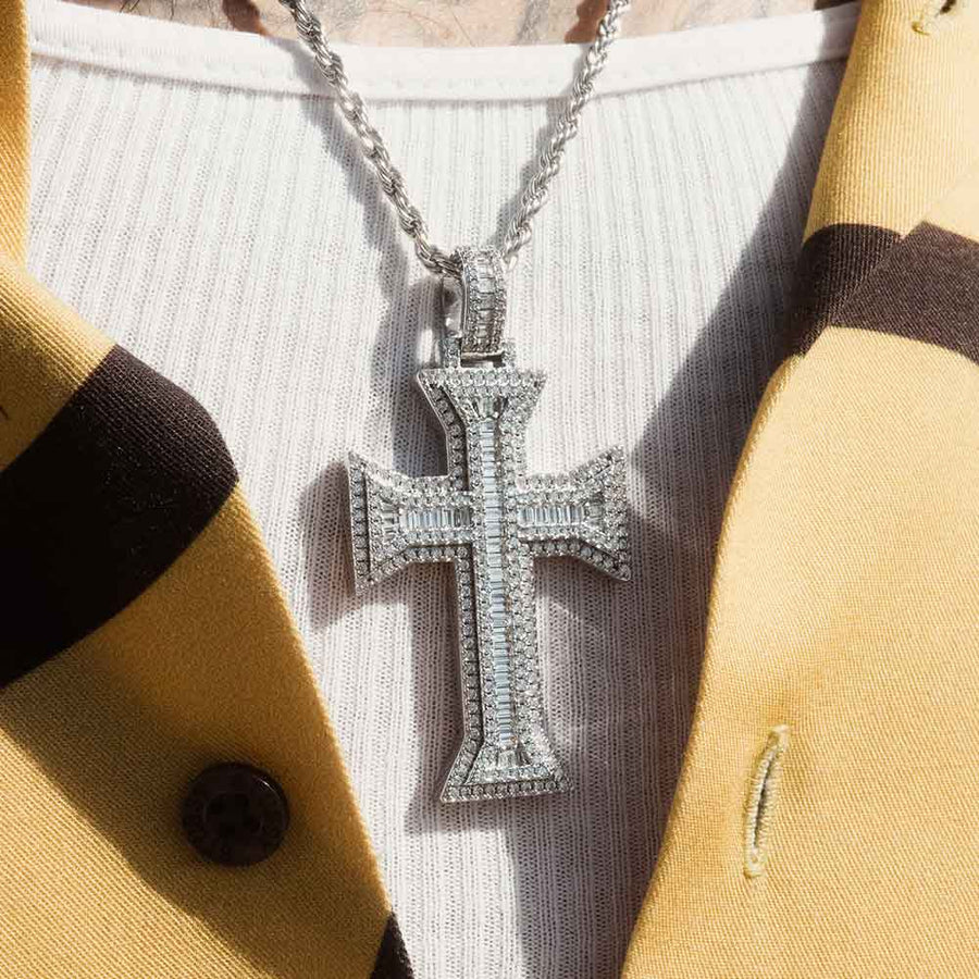 Emerald Cut Cross Necklace Pendant & Rope Chain | The Gold Gods